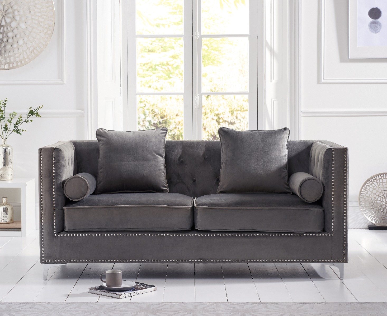 Cecile Grey Velvet 3 Seater Sofa Oak Furniture Superstore