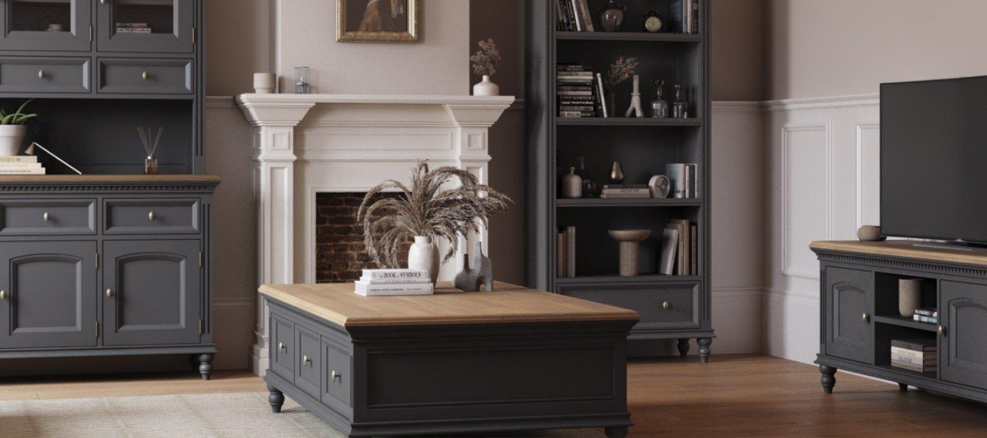 Dark grey sideboard with oak top store